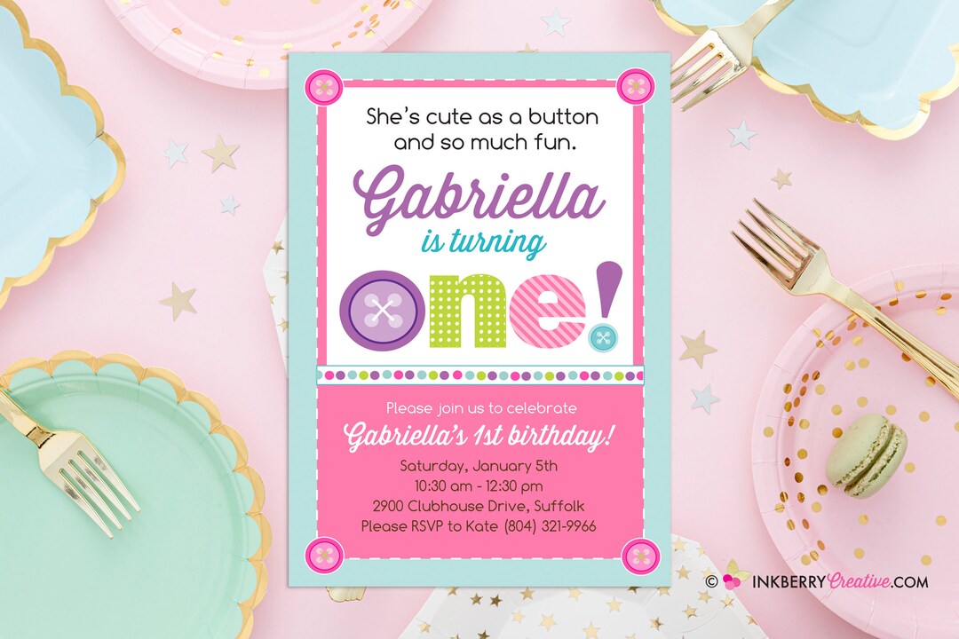 Cute as a Button First 1st Birthday Party Invitation - Girls First 1st ...