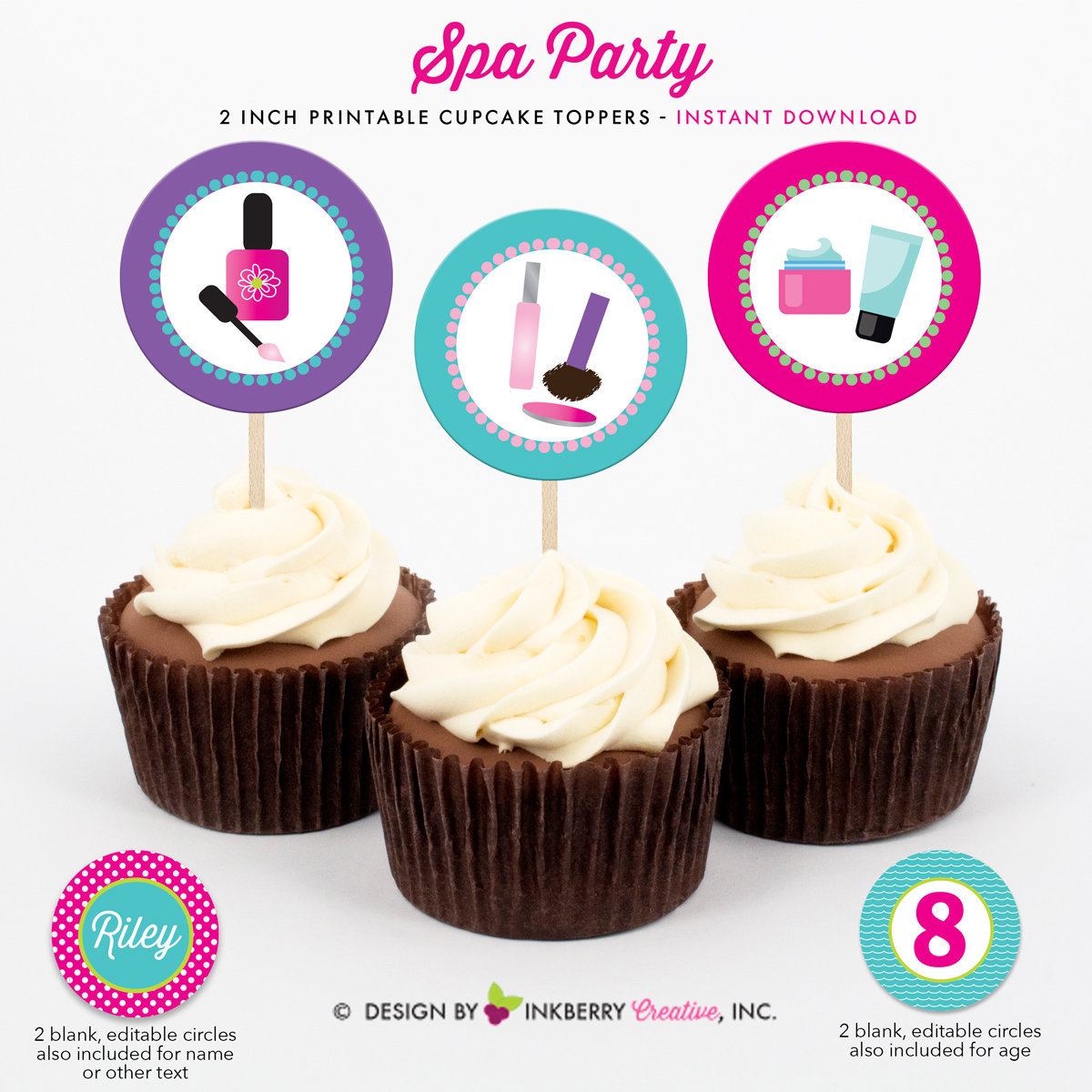 Spa Birthday Party, Printable Cupcake Toppers, Instant Download ...