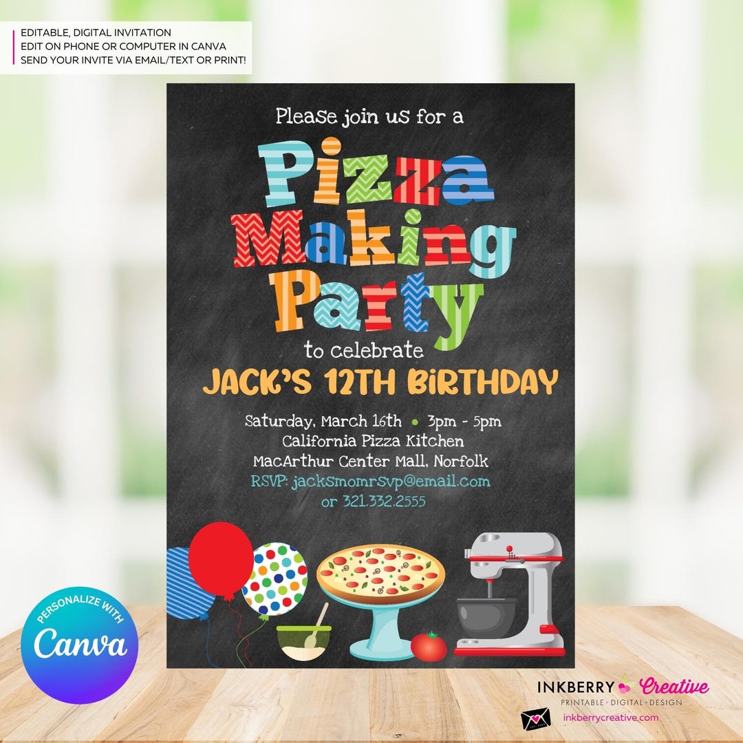 Editable Pizza Making Party Invitation - Chalkboard Style With Pizza ...