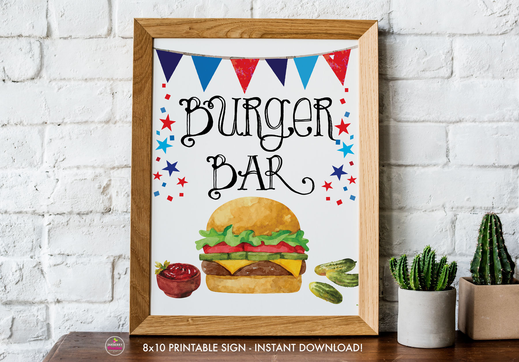 Burger Bar Sign Printable 4th of July Red White Blue Summer - Etsy