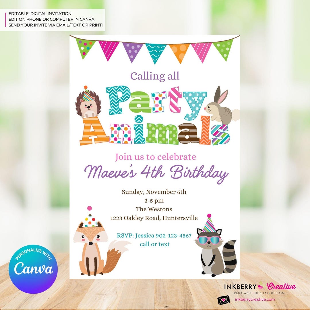 Editable Party Animal Birthday Party Invitation - Girls Cute Woodland ...