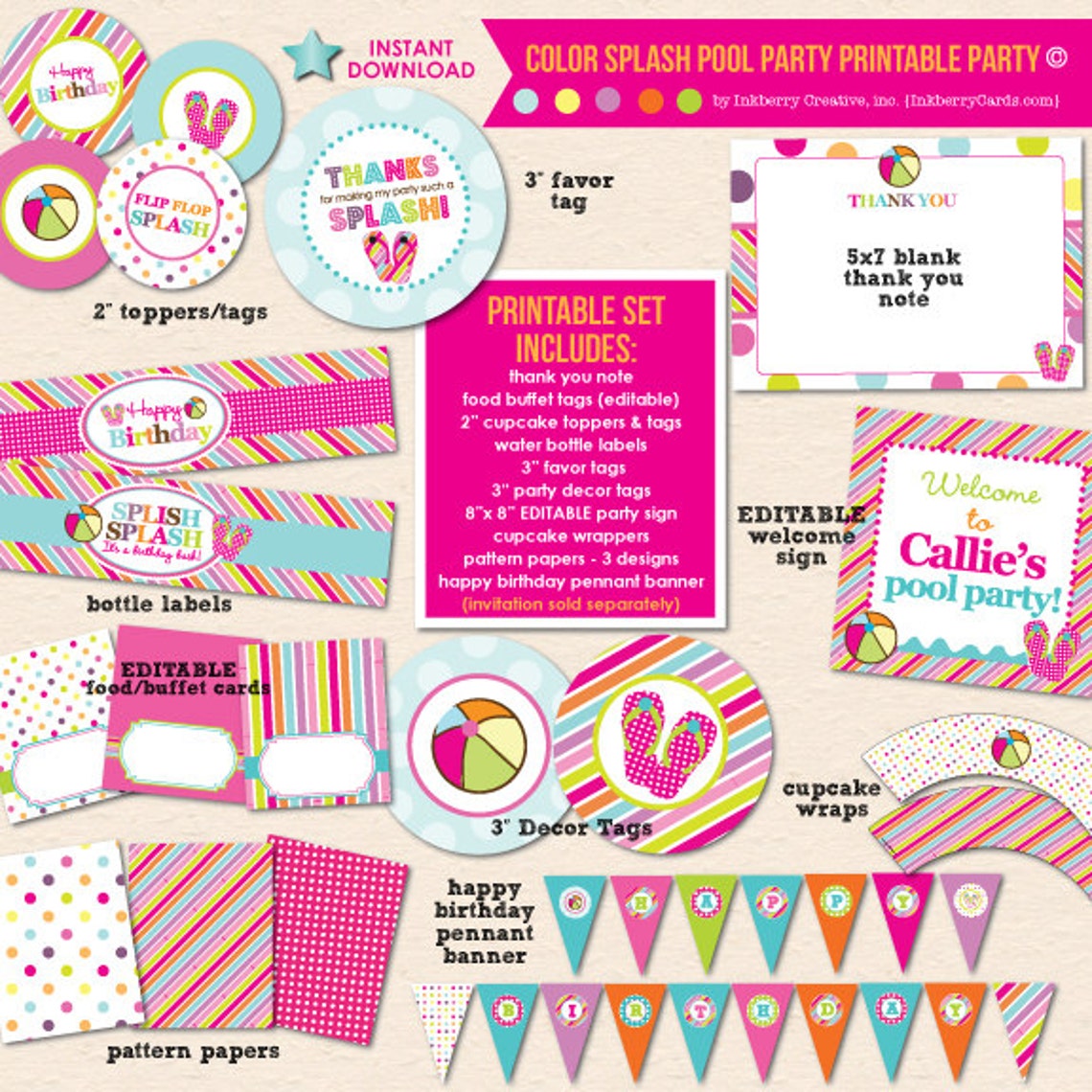 Color Splash Birthday Pool Party Diy/printable Complete - Etsy