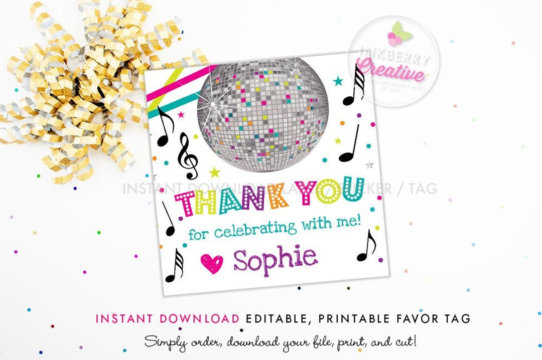 Dance Party Favor Tag - Neon, Glow, Disco Ball, Music, Dance Birthday ...