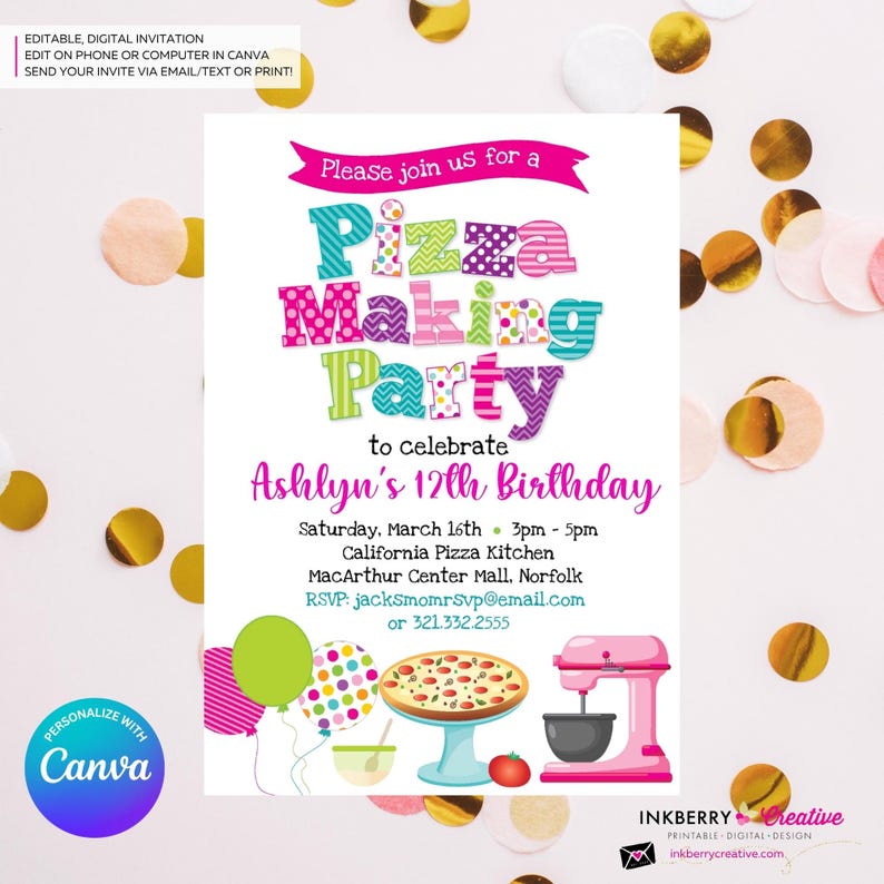 Editable Pizza Making Party Invitation - Pizza, Mixer, Kids Girls Pizza ...