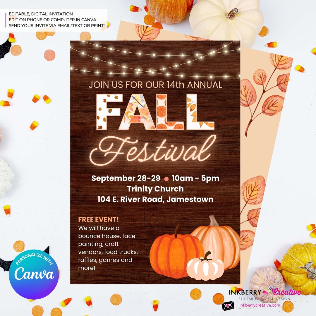 Fall Festival Invitation, 5x7, Woodgrain, Fall, Lights, Pumpkins ...