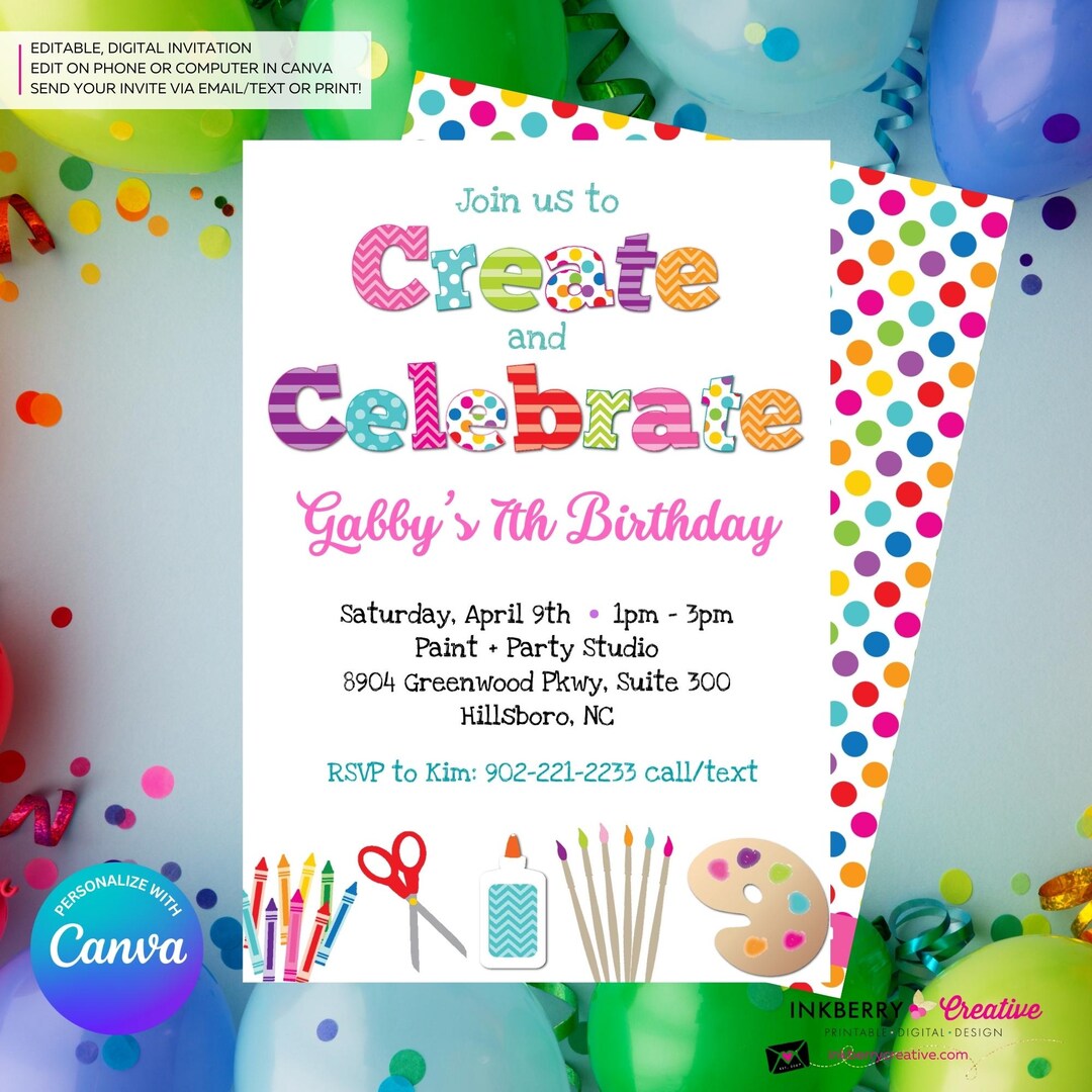 Create and Celebrate - Kids Arts and Crafts Birthday Party Invitation ...