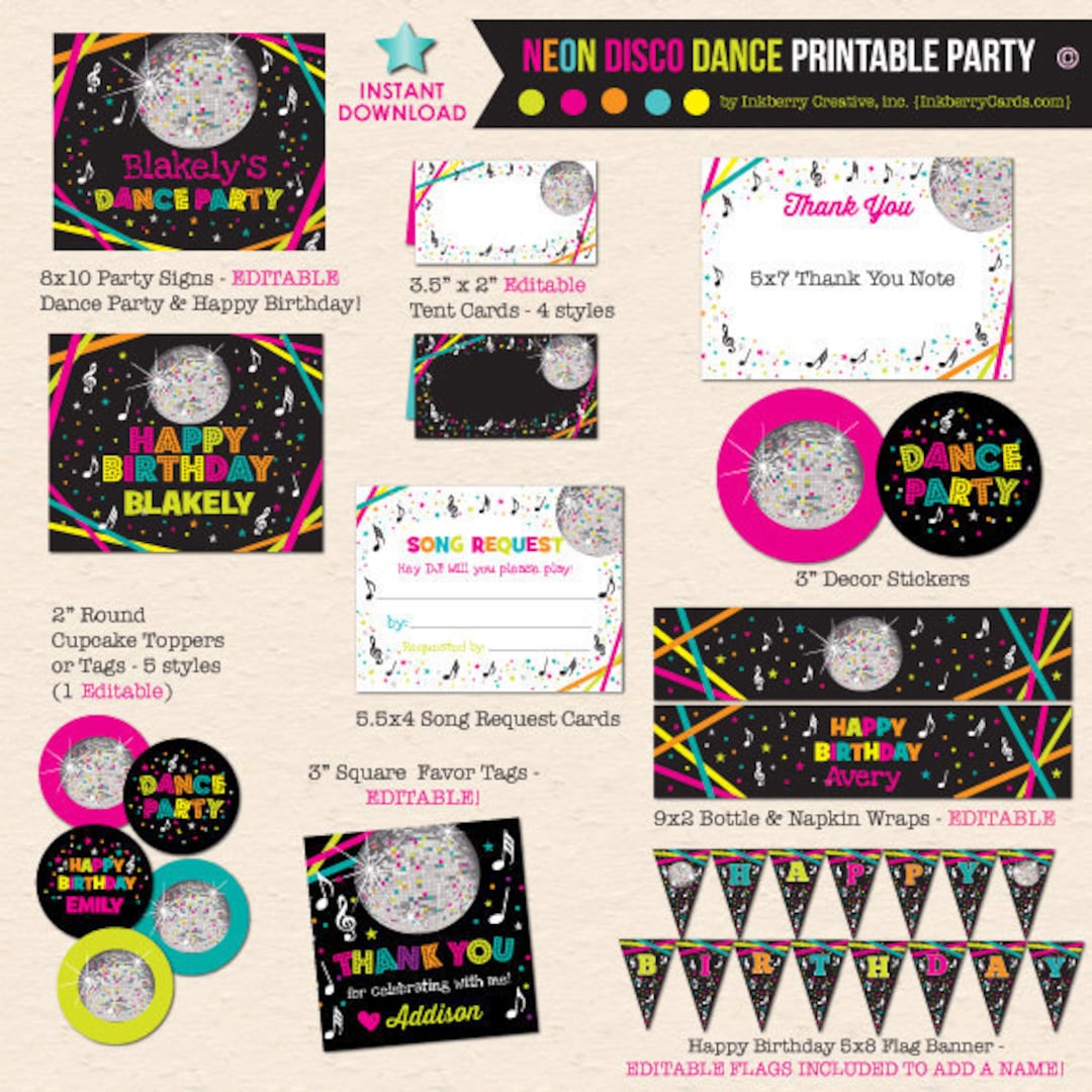 Dance Party Printable Package - Colorful, Disco, Neon, Glow, Dance and ...