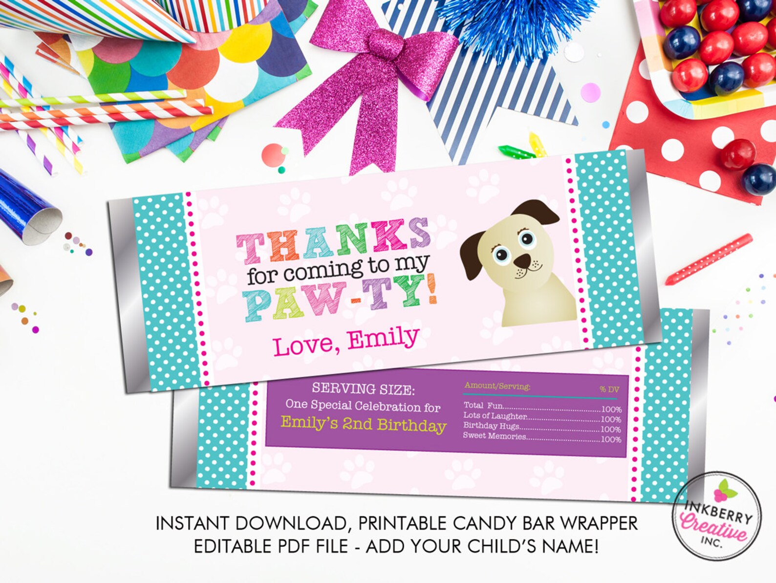 Girls' Puppy Paw-ty - Printable Candy Bar Favor Wrappers - Editable PDF ...