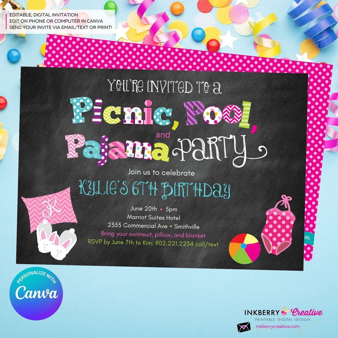 Picnic, Pool, Pajama Party Invitation - Chalkboard Birthday Party ...