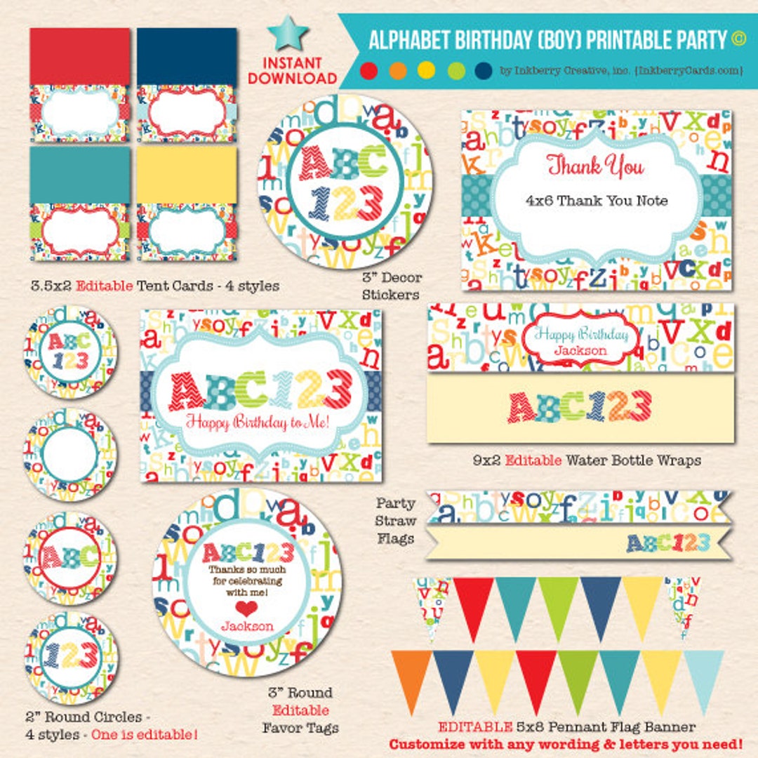 Colorful Alphabet Birthday ABC123 Printable Party - INSTANT DOWNLOAD ...