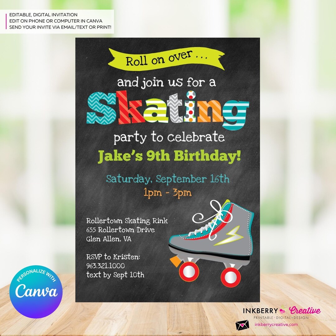 Editable Roller Skating Birthday Party Invitation - Boys Roller Skate ...