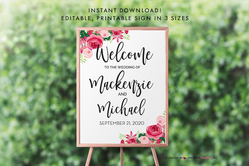 Printable Welcome Wedding Poster - 4 Sizes - Bright Pink Rose Floral ...