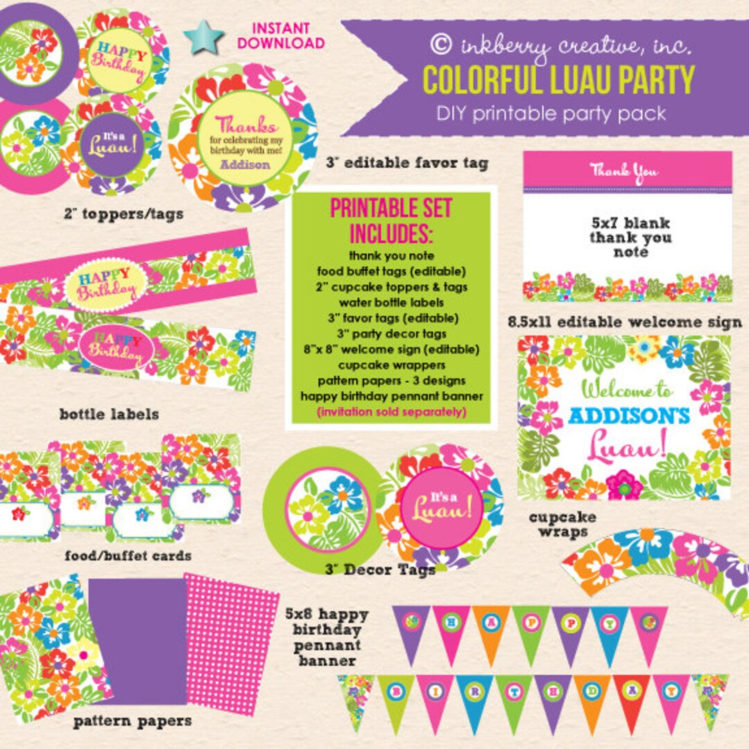 Colorful Luau Party - Diy/printable Complete Party Pack- Instant ...