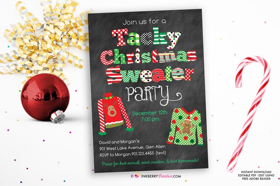 Tacky Christmas Sweater Party Invitation, Ugly Christmas Sweater Party ...
