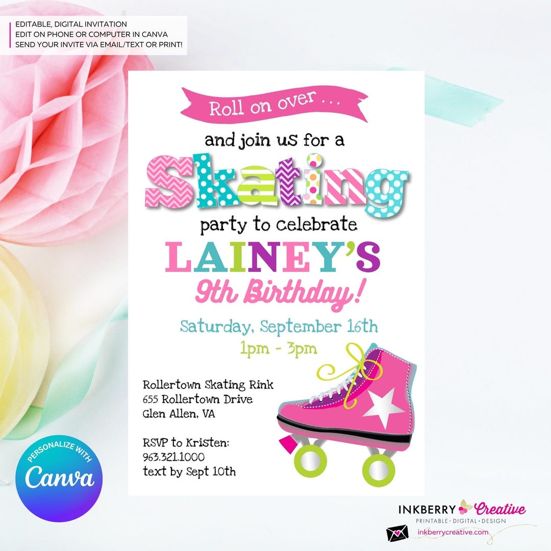 Editable Roller Skating Birthday Party Invitation - Girls Roller Skate ...