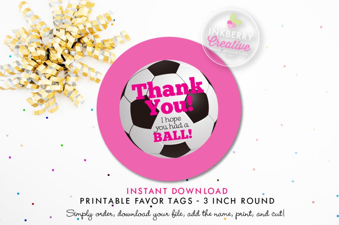 Pink Soccer Party - Printable 3 Inch Soccer Birthday Party Thank You ...