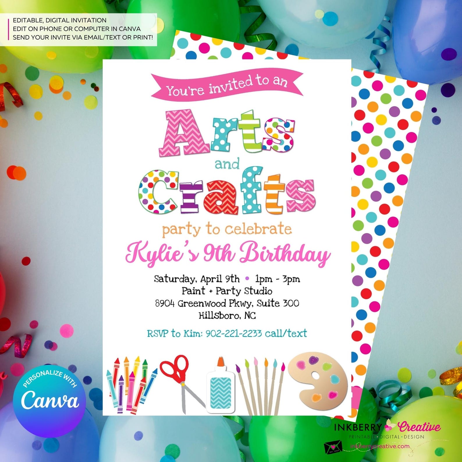 Arts and Crafts Birthday Party Invitation - Kids Arts Crafts Painting ...