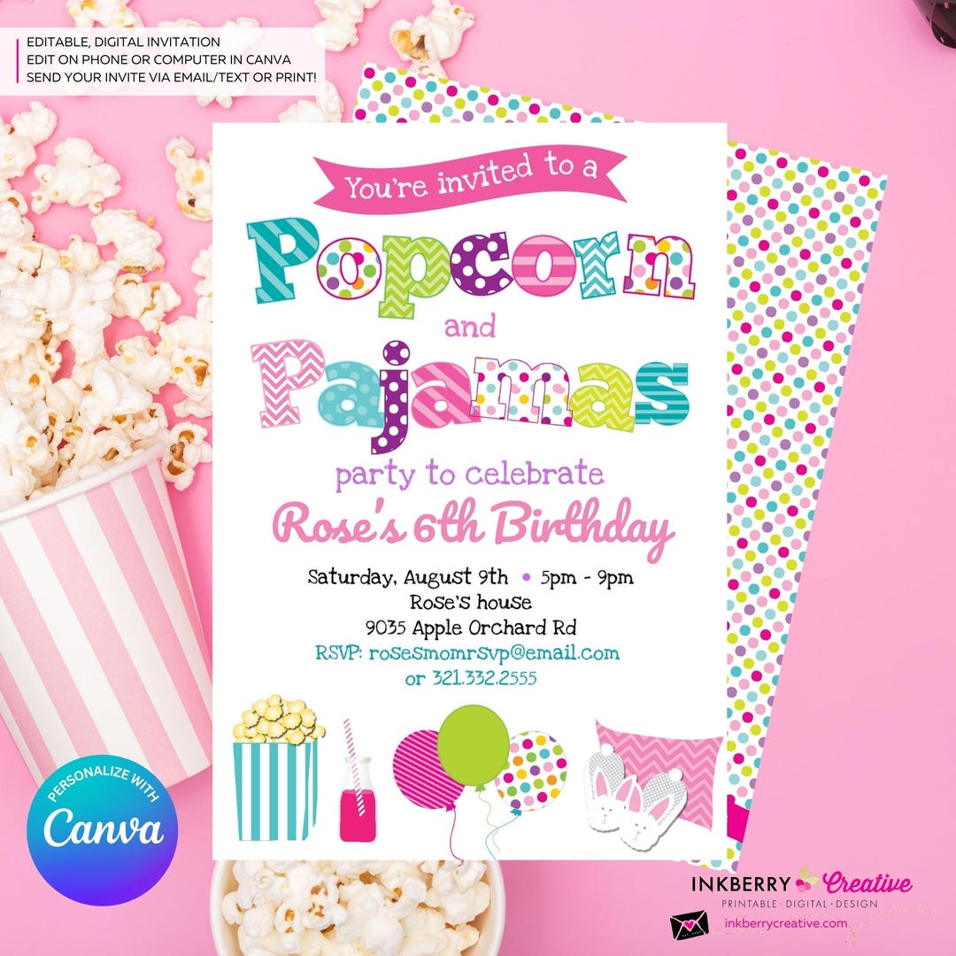 Popcorn and Pajamas Invitation - Popcorn PJ Party Invite, Popcorn ...