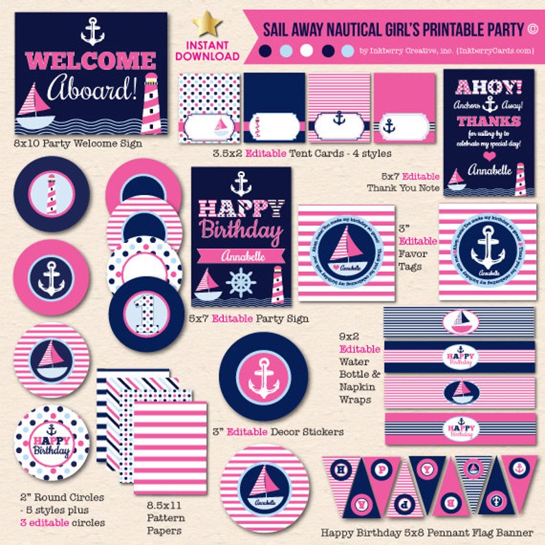 Girls Nautical Sailing Printable Party Set Sailboat Pink | Etsy