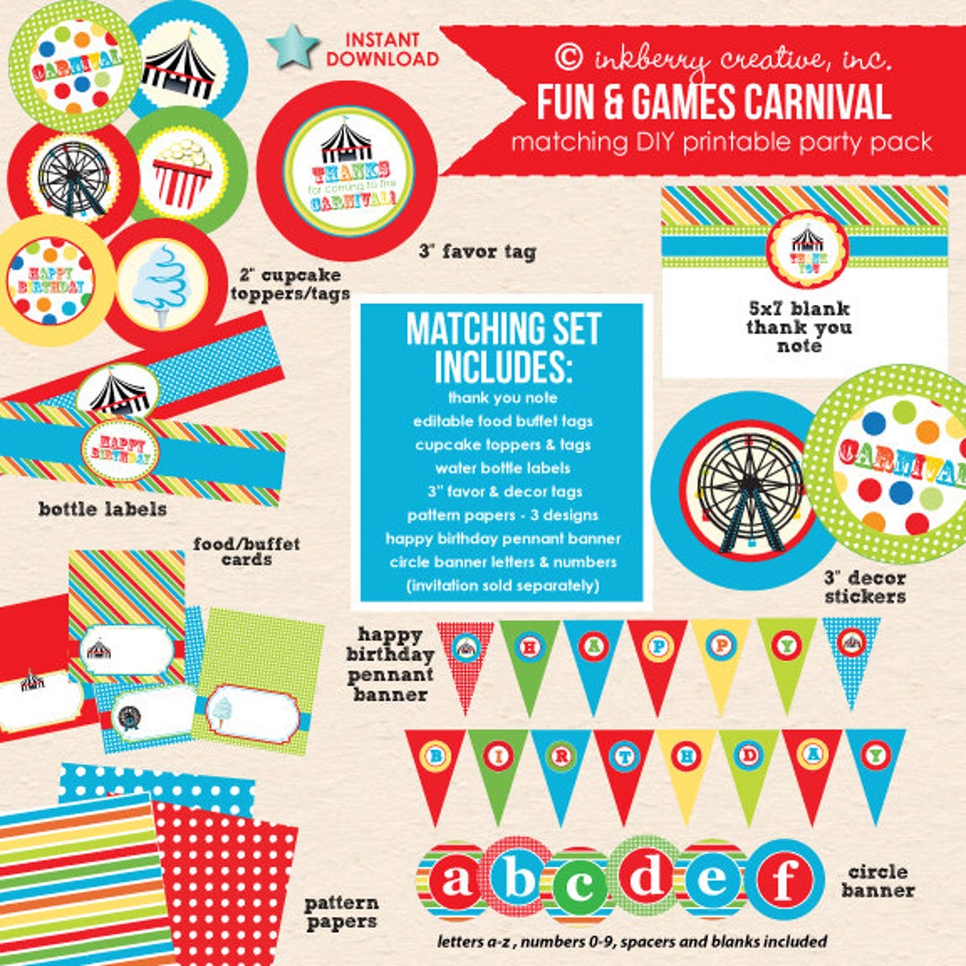Kids Carnival Birthday (primary Colors) - DIY Printable Party Pack ...