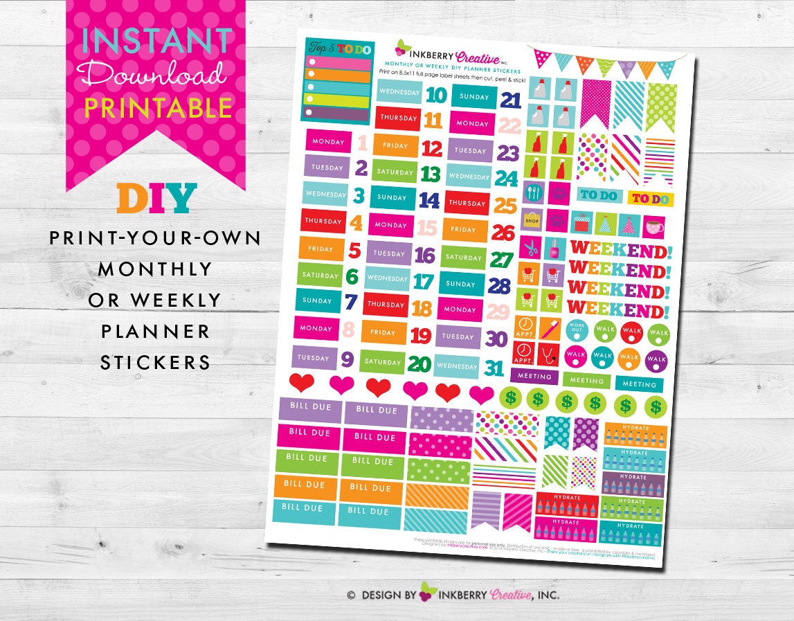 Printable Planner Stickers - Instant Download - Bright, Colorful ...