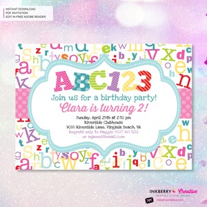 Alphabet Birthday Party Invitation Girls Alphabet Theme Party Invite ...