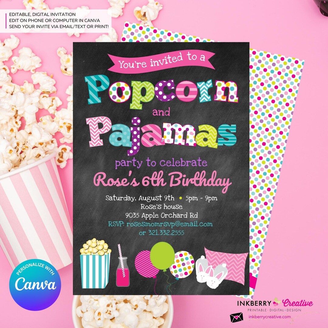 Popcorn and Pajamas Invitation - Popcorn PJ Party Invite - Chalkboard ...