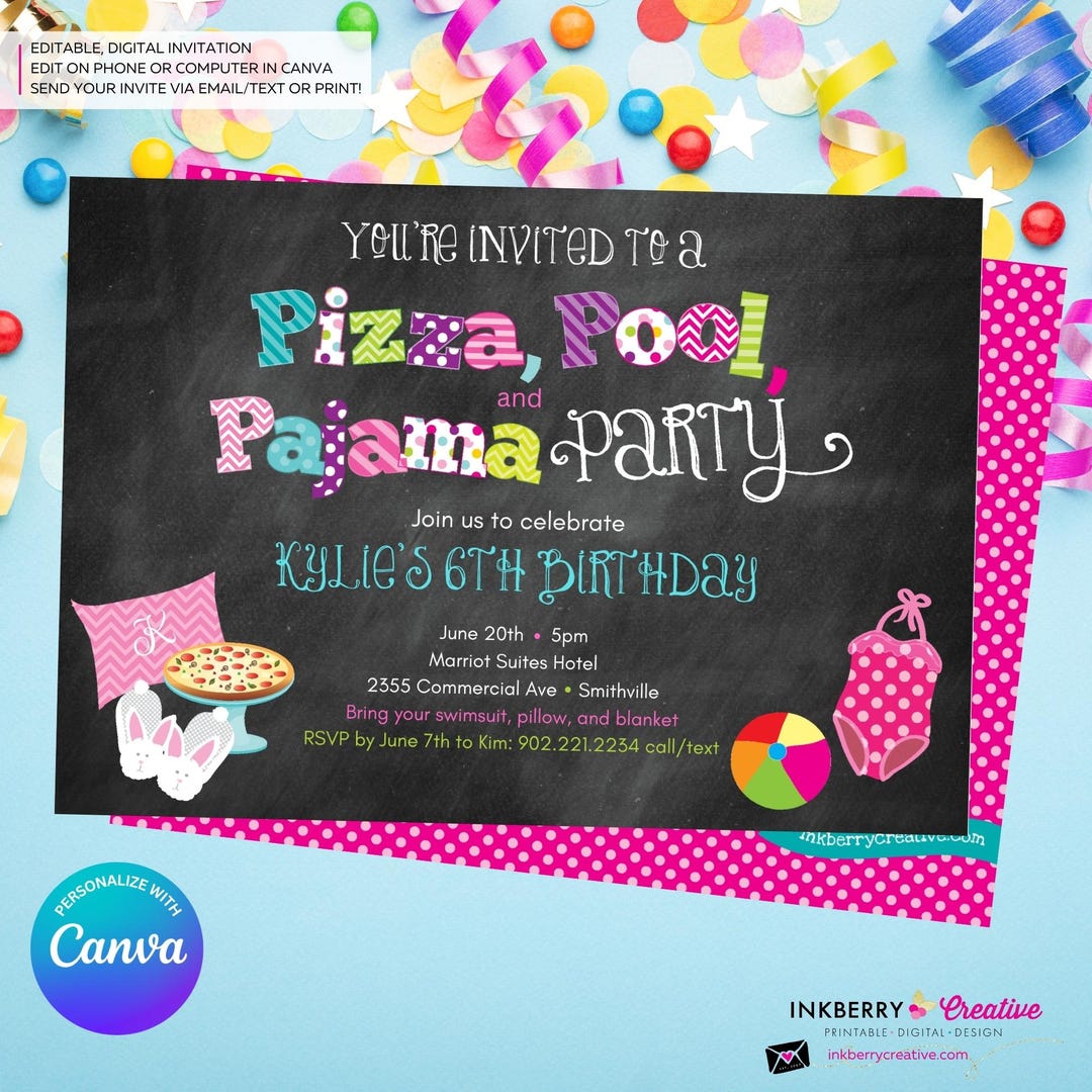 Pizza, Pool, Pajama Party Invitation - Chalkboard Birthday Party Invite ...