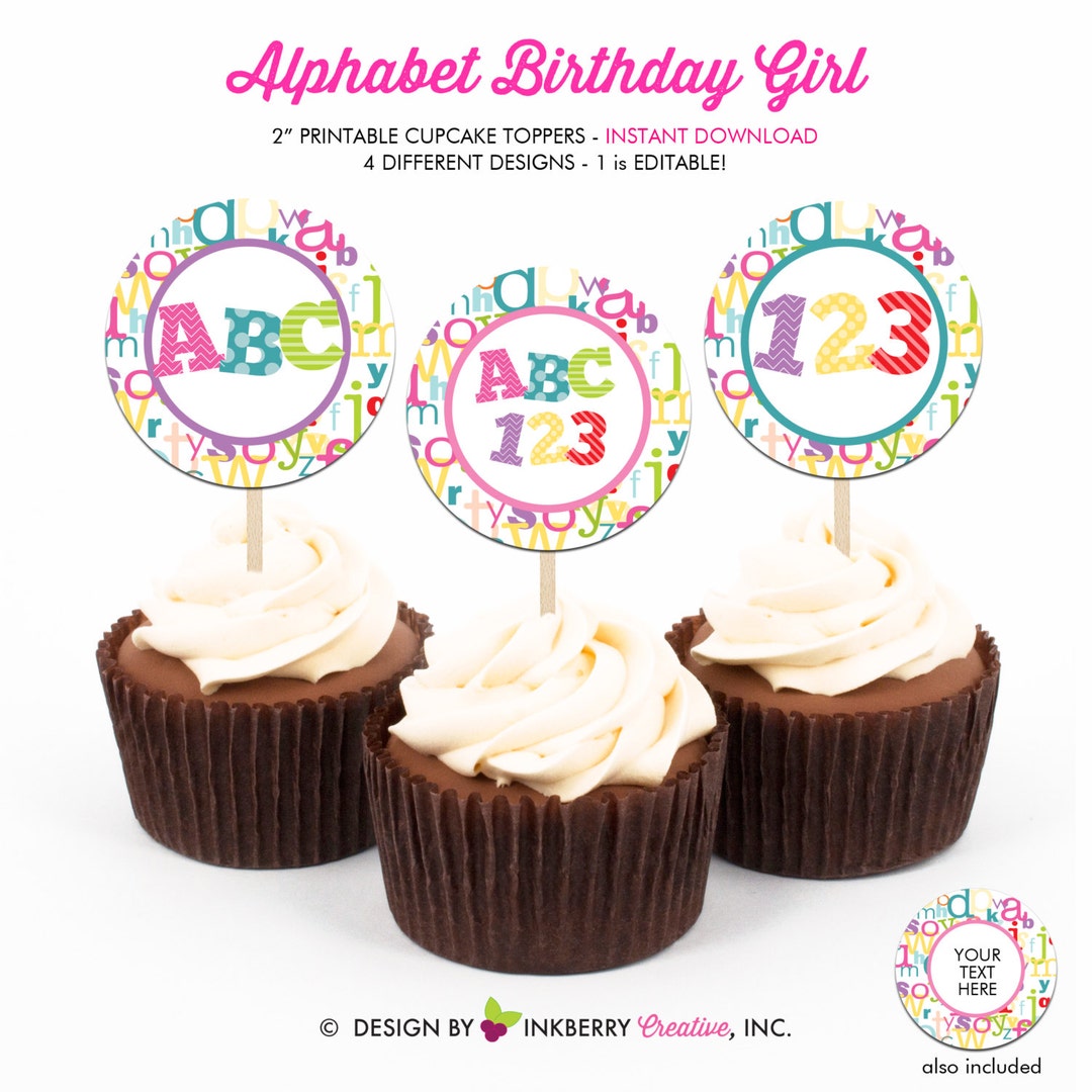ABC Alphabet Birthday Girl - Printable 2 Inch Round Cupcake Toppers ...