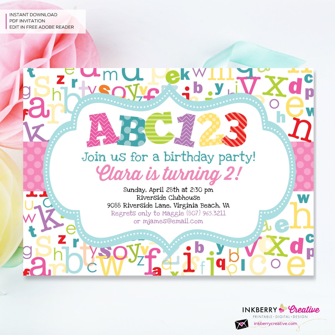 Alphabet Birthday Party Invitation Girls Alphabet Theme Party Invite ...