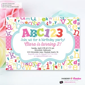 Alphabet Birthday Party Invitation Girls Alphabet Theme Party Invite ...