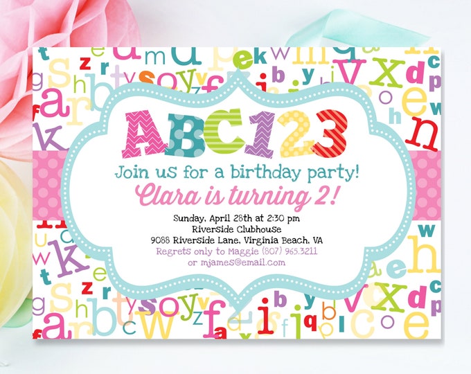 Alphabet Birthday Party Invitation Girls Alphabet Theme Party Invite ...