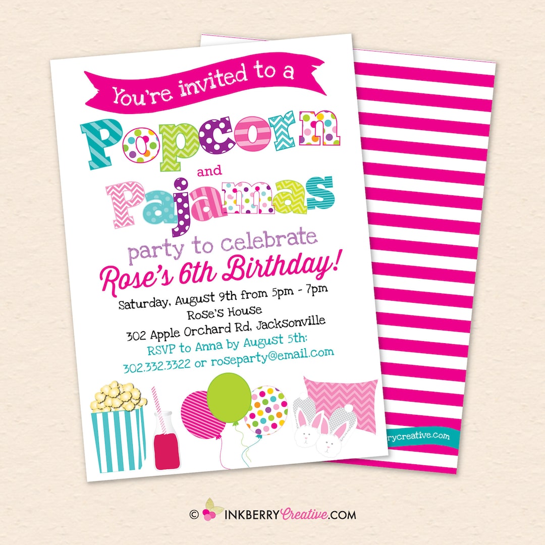 Popcorn and Pajamas Invitation Popcorn PJ Party Invite Popcorn Pajama ...