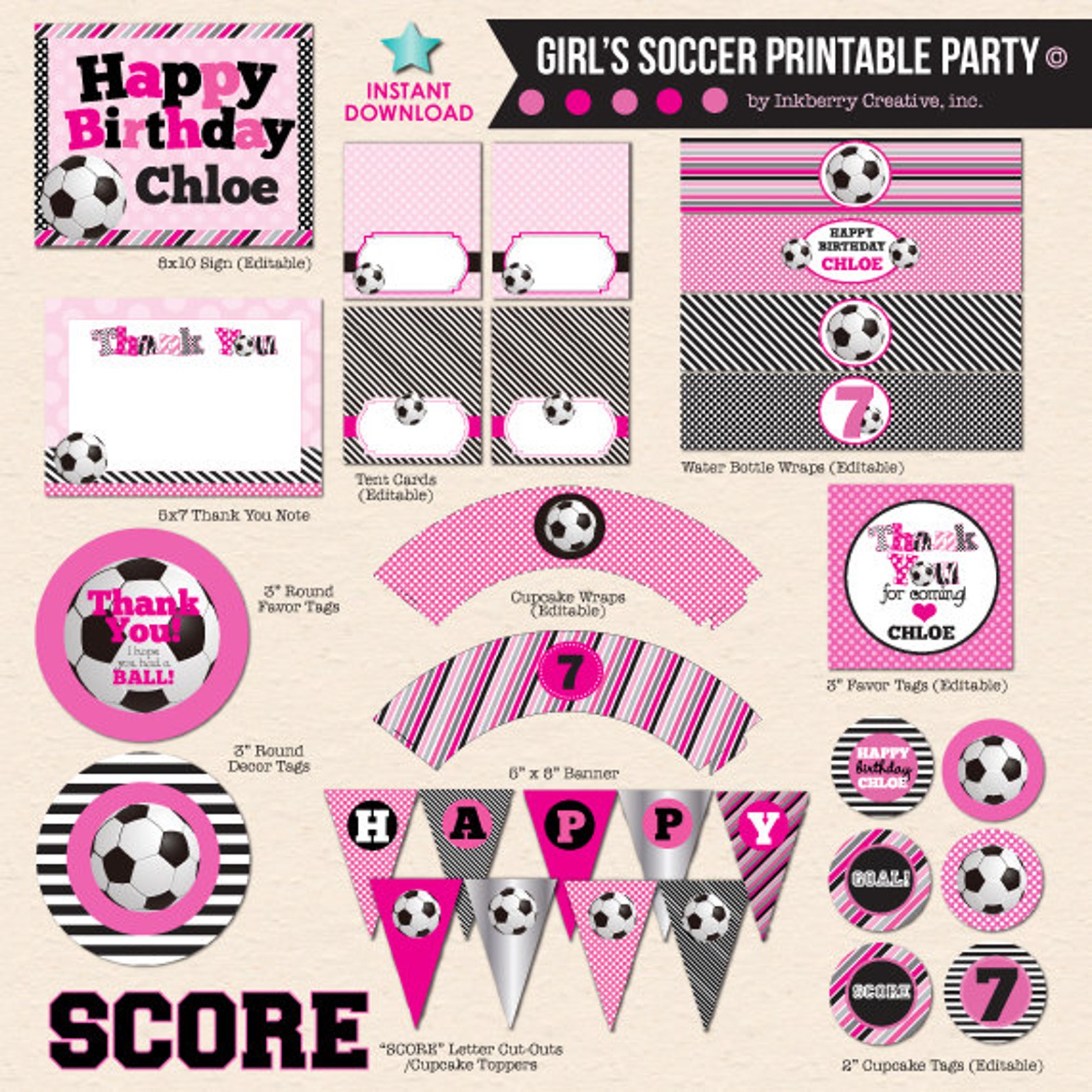 Girls Soccer Theme Birthday Party Pink Black White & - Etsy