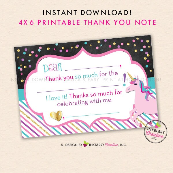 Unicorn Fill in the Blank Thank You Note - Chalkboard, Glitter, Gold ...