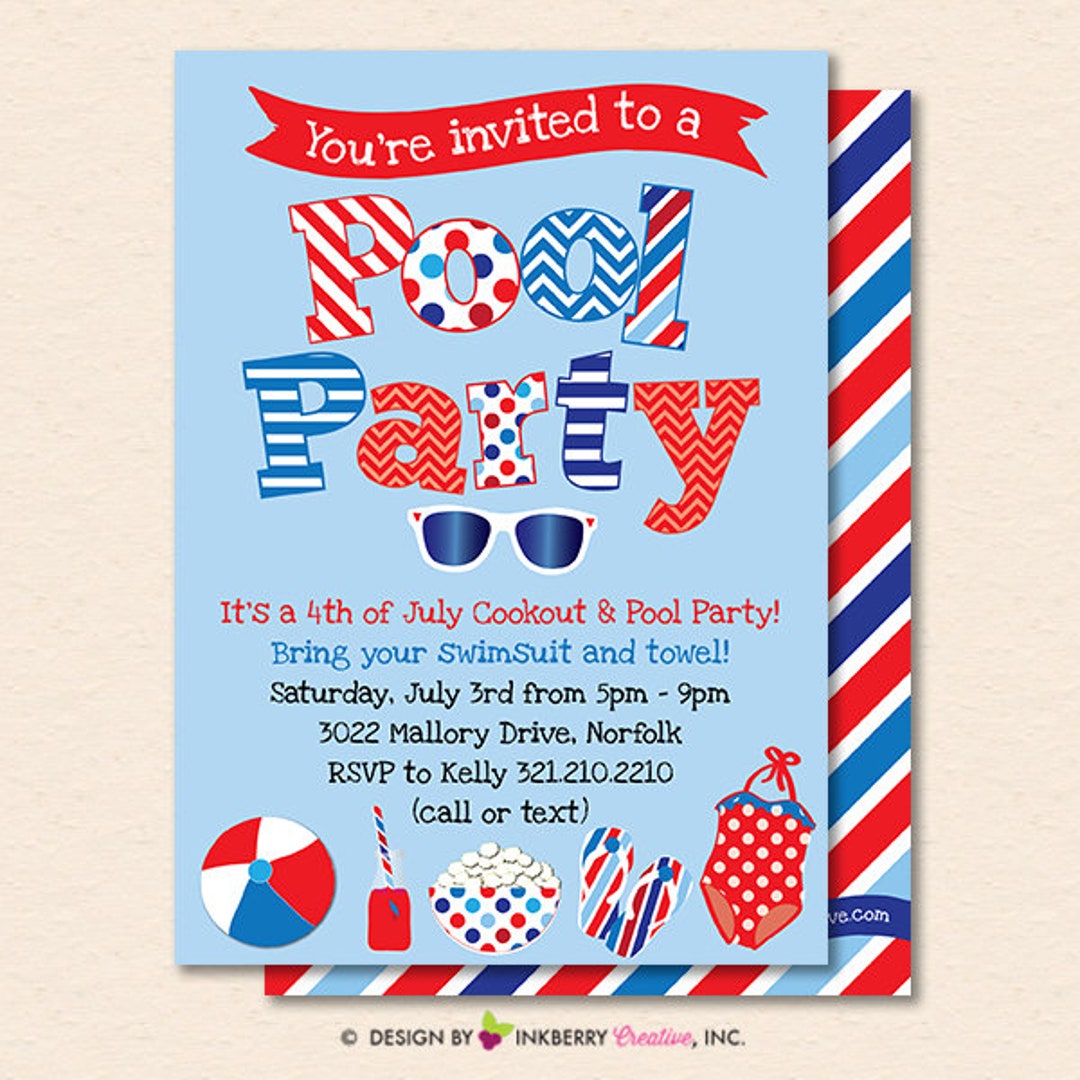 Pool Party Invitation 4th of July, Patriotic, Red White and Blue ...