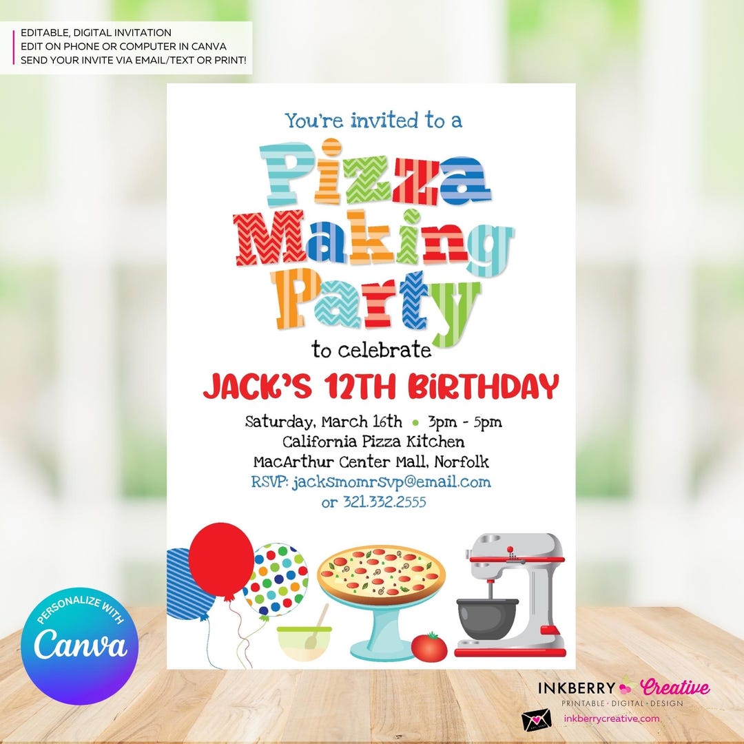Editable Pizza Making Party Invitation - Pizza, Mixer, Kids Boys Baking ...