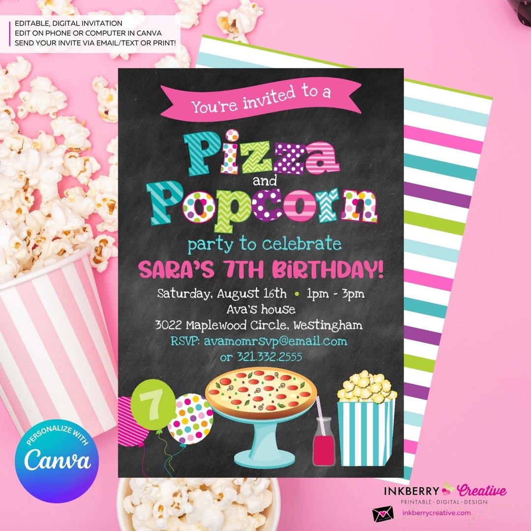 Editable Pizza and Popcorn Party Invitation - Pizza Party Invite ...