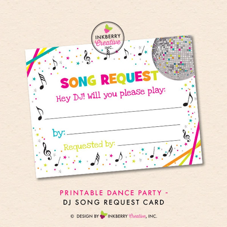 Dance Party DJ Song Request Card - INSTANT DOWNLOAD - Digital ...