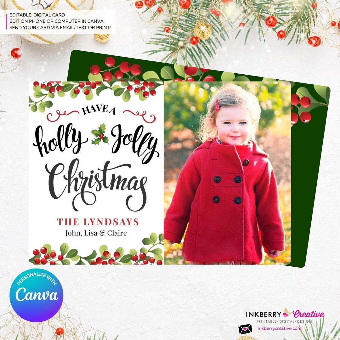Holly Jolly Script Christmas Photo Card, Family Holiday Photo Card ...