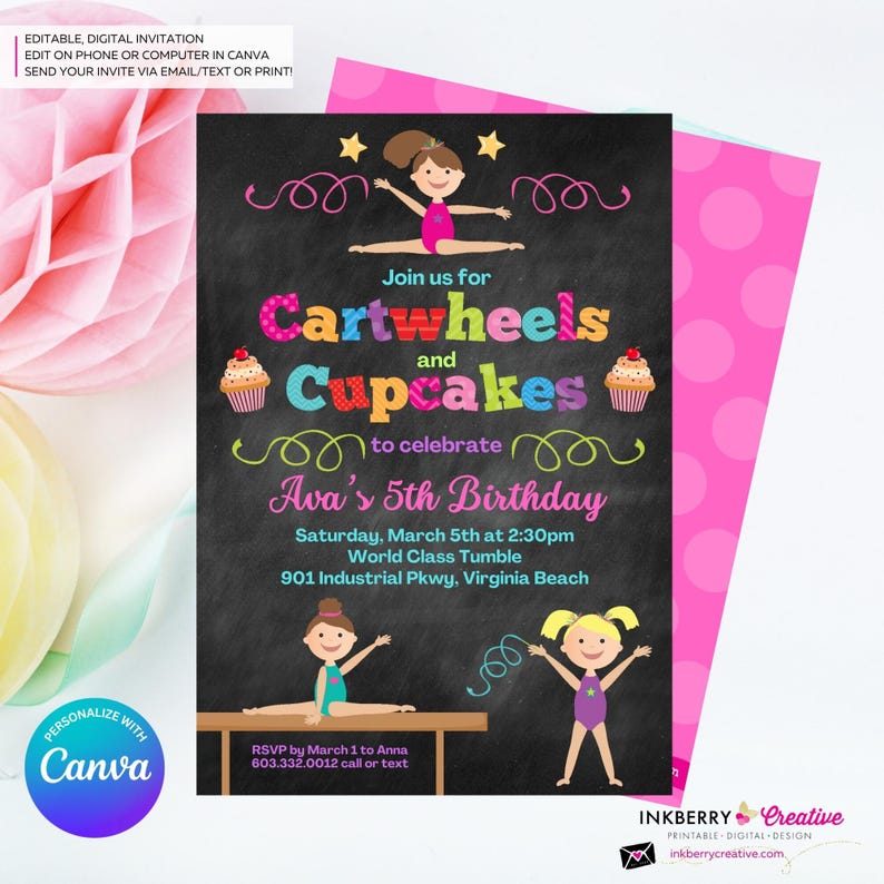 Gymnastics Invitation - Cartwheels Cupcakes - Gymnastics Birthday ...