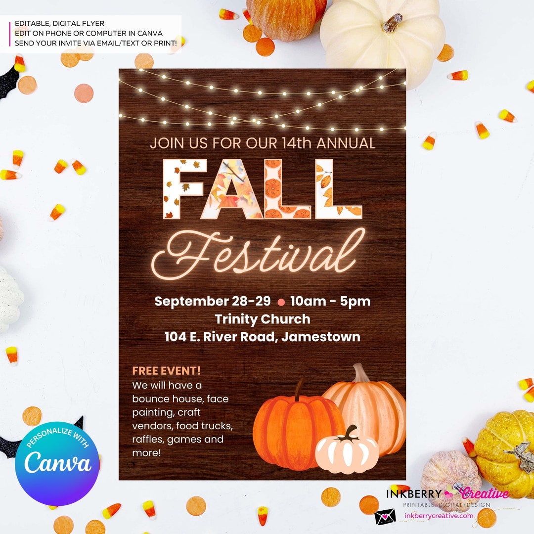 Fall Festival Flyer, 8.5x11, Woodgrain, Fall, Lights, Pumpkins, Church ...