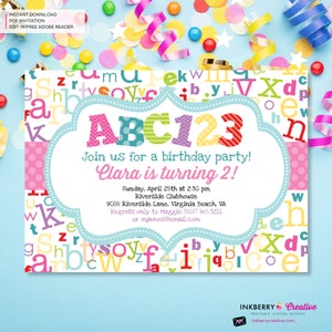 Alphabet Birthday Party Invitation Girls Alphabet Theme Party Invite ...
