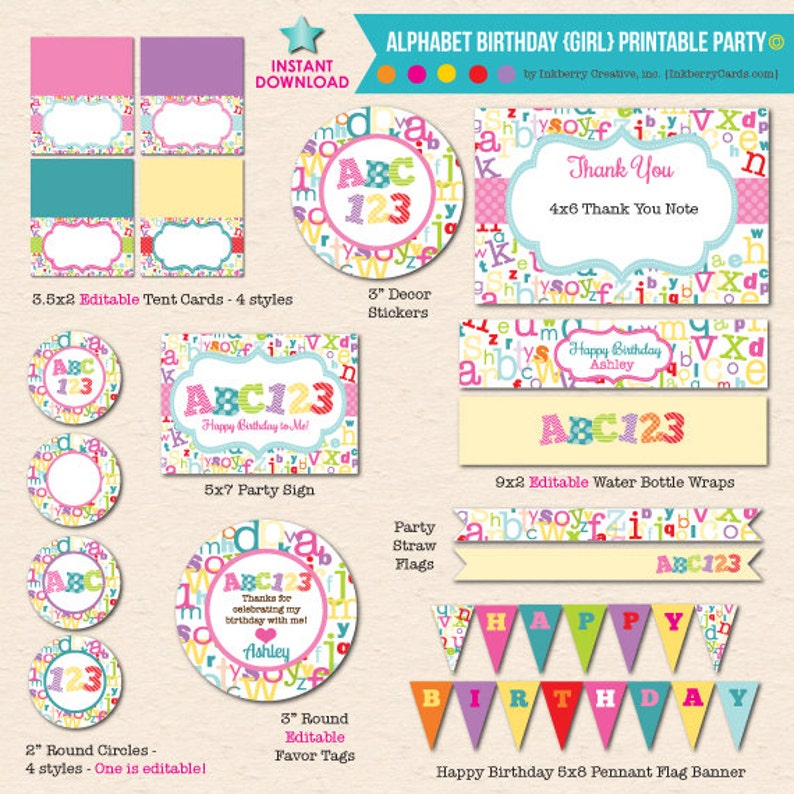 Girls Alphabet Birthday Printable Party - Girls' ABC123 INSTANT ...