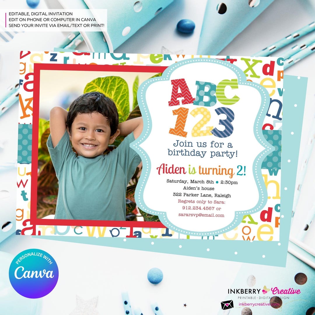 Alphabet Birthday Party Invitation, Boys Photo Alphabet Theme Birthday ...