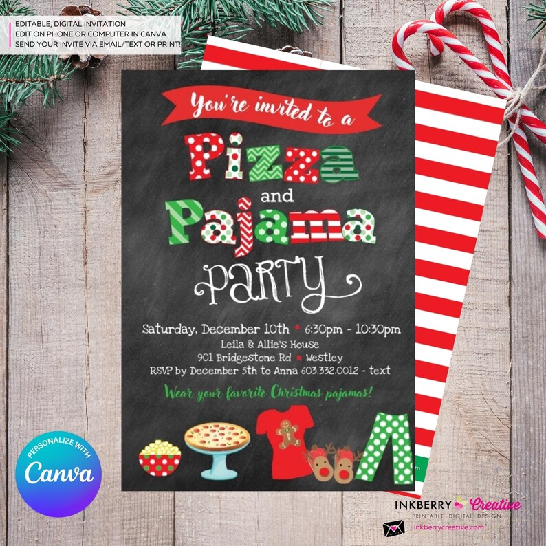 Christmas Pizza and Pajamas Party Invitation, Chalkboard Christmas ...