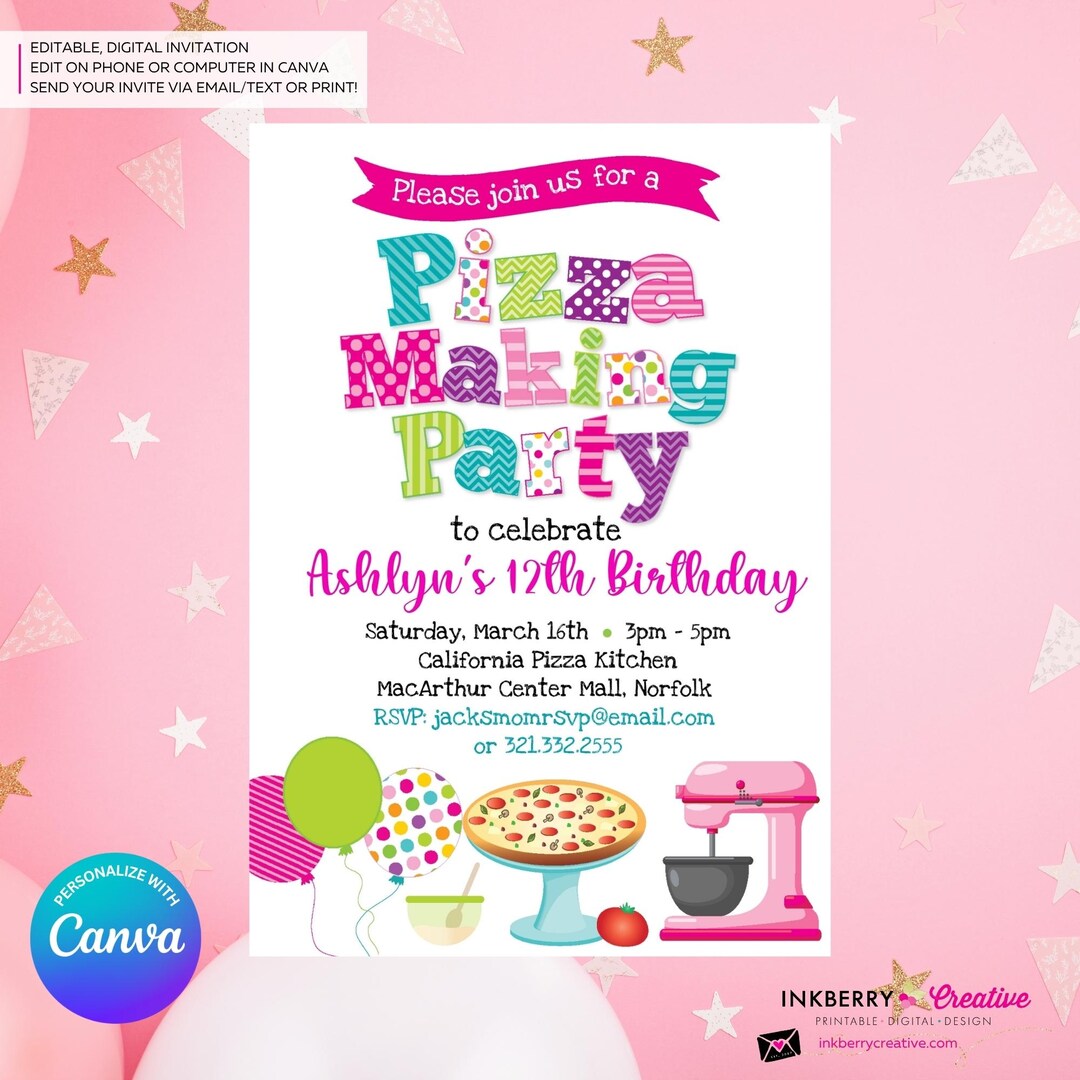 Editable Pizza Making Party Invitation - Pizza, Mixer, Kids Girls Pizza ...