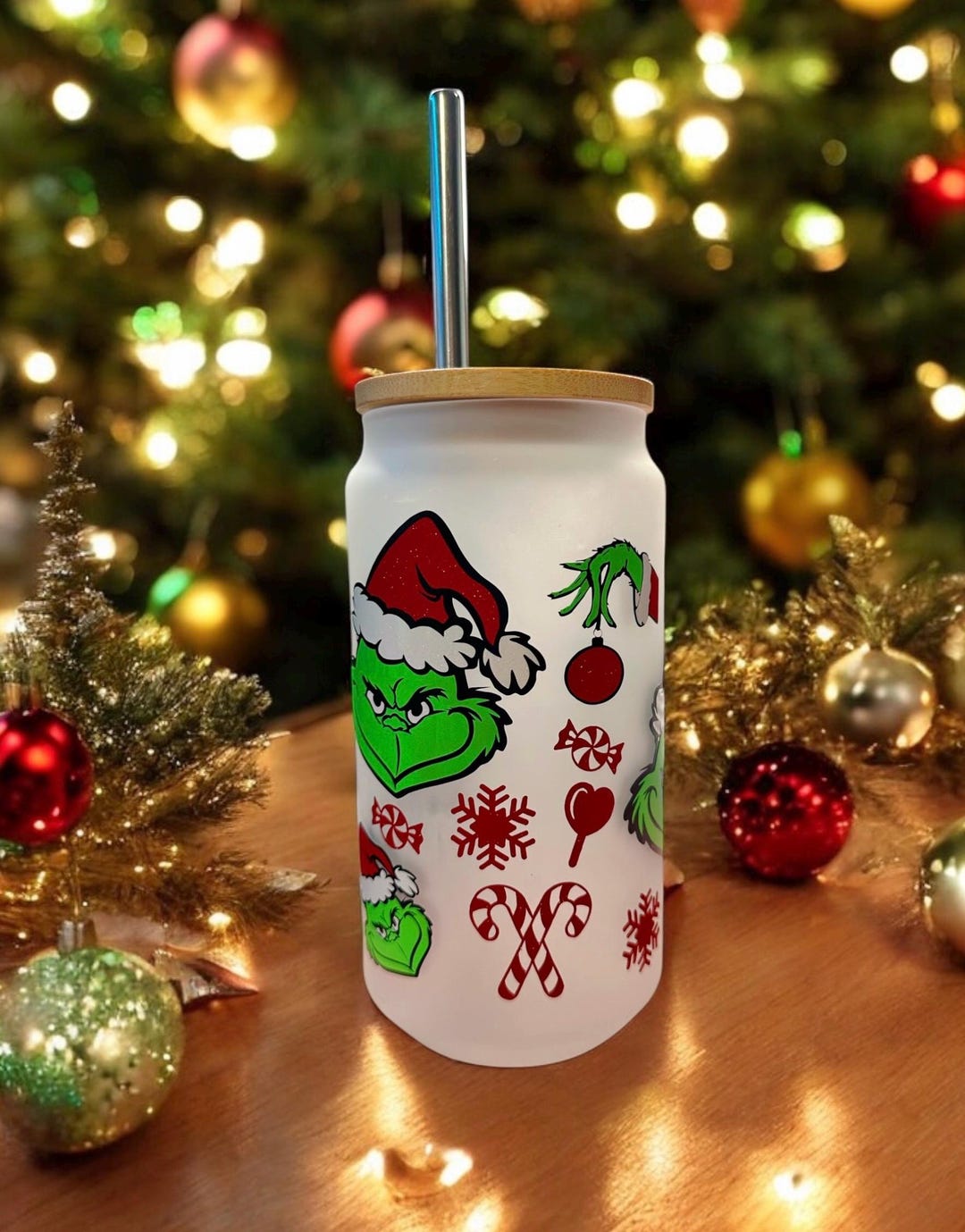 Grinch Glass Can, Cute Christmas Cup, Ice Coffee Christmas Glass ...