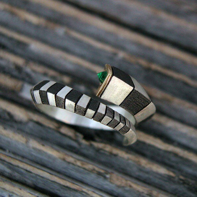 Cleopatra Snake Ring With Flush Set Emerald in 18K Gold and Silver - Etsy