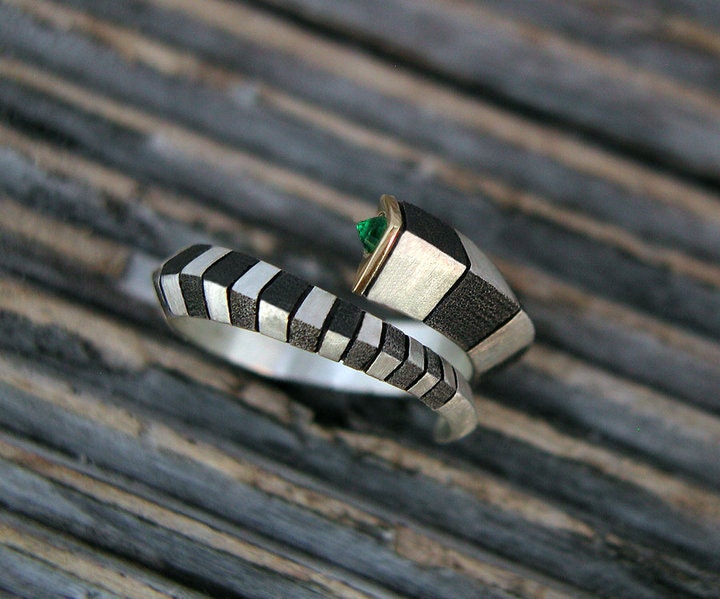 Cleopatra Snake Ring With Flush Set Emerald in 18K Gold and - Etsy